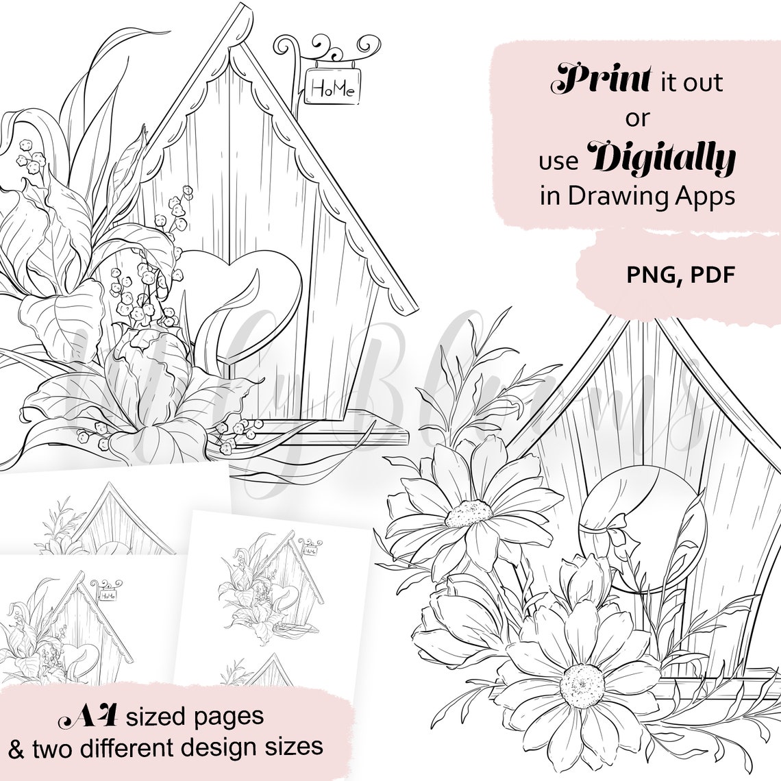 Floral Birdhouse Coloring Pages: Spring Botanical Designs (printable ...