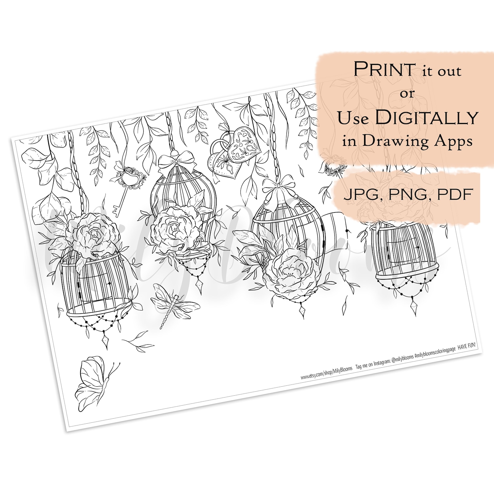 PRINTABLE and DIGITAL Coloring Page for Adults Romantic | Etsy