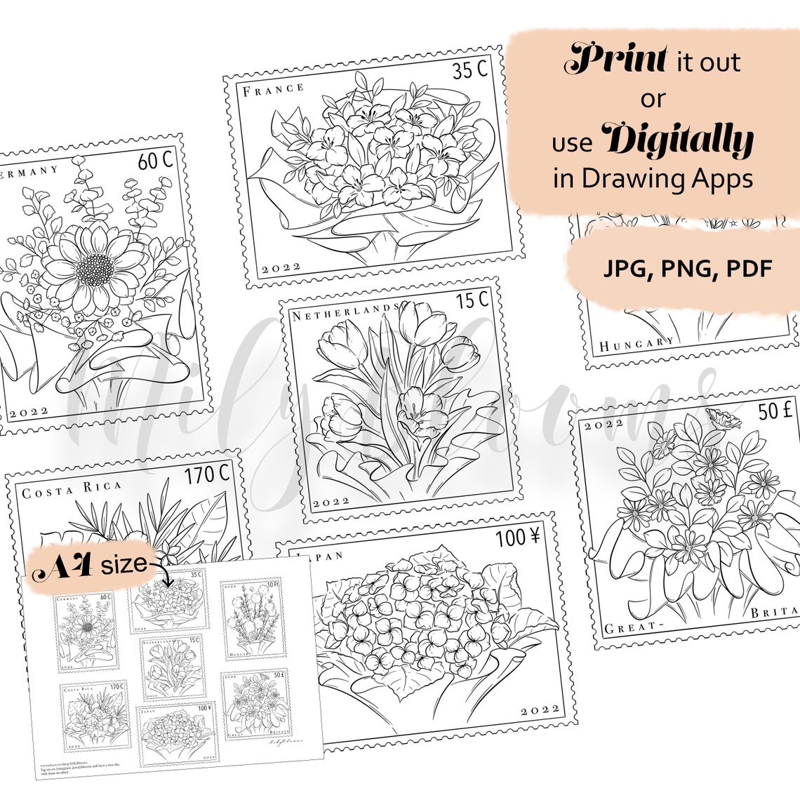 Floral Postage Stamps Coloring Page: Vintage Flower Bouquets (printable ...