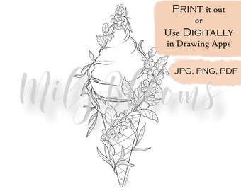 Floral Ice Cream Coloring Page: Botanical Illustration (digital ...