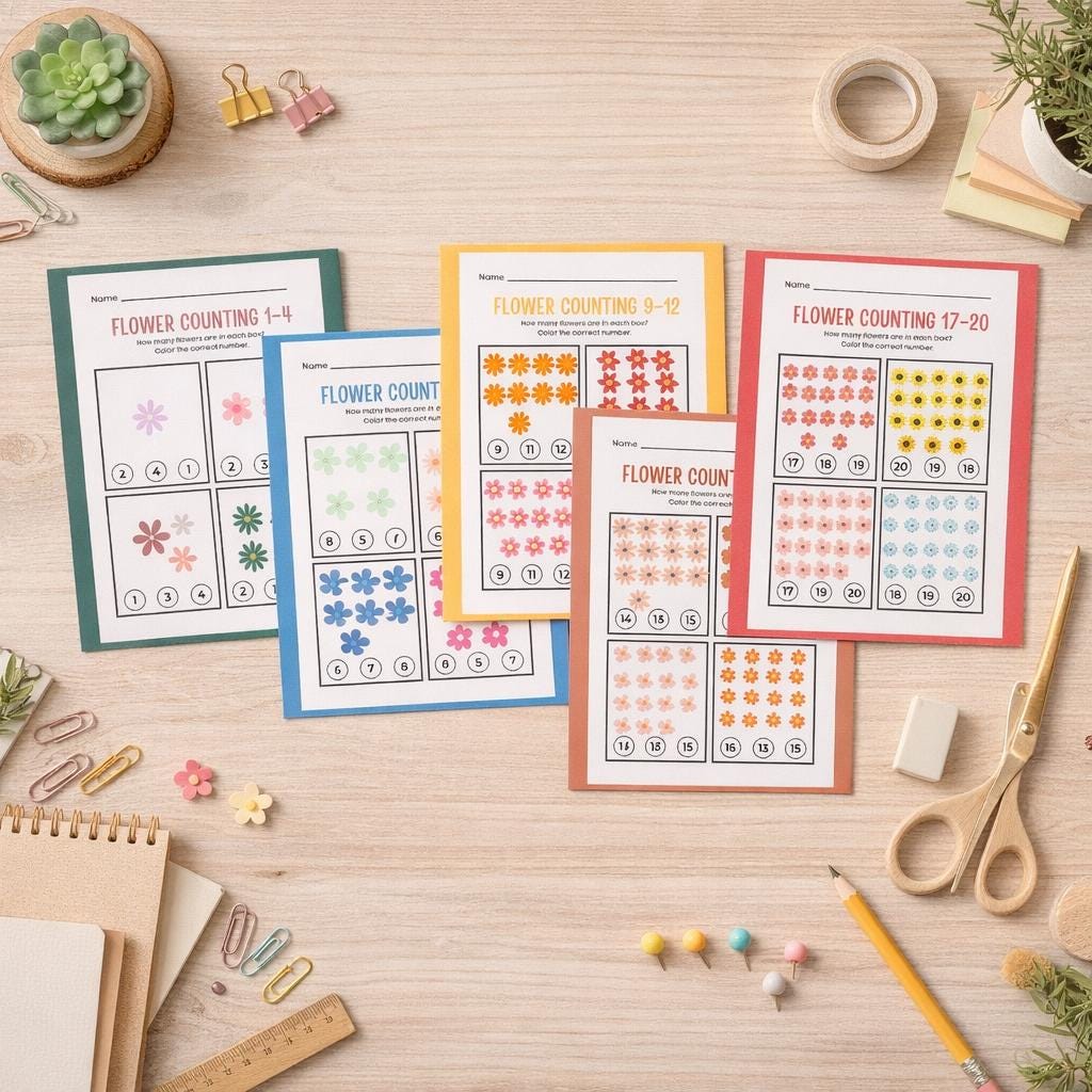 Flower Counting Worksheets, Numbers 1-20 (digital Download) - Etsy