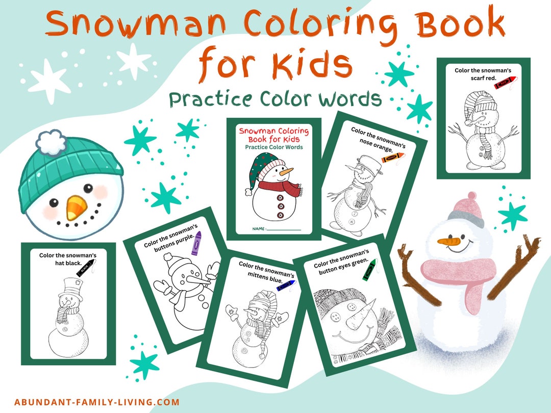 Snowman Coloring Book for Kids, 6 Pages, Practice Recognizing Color ...