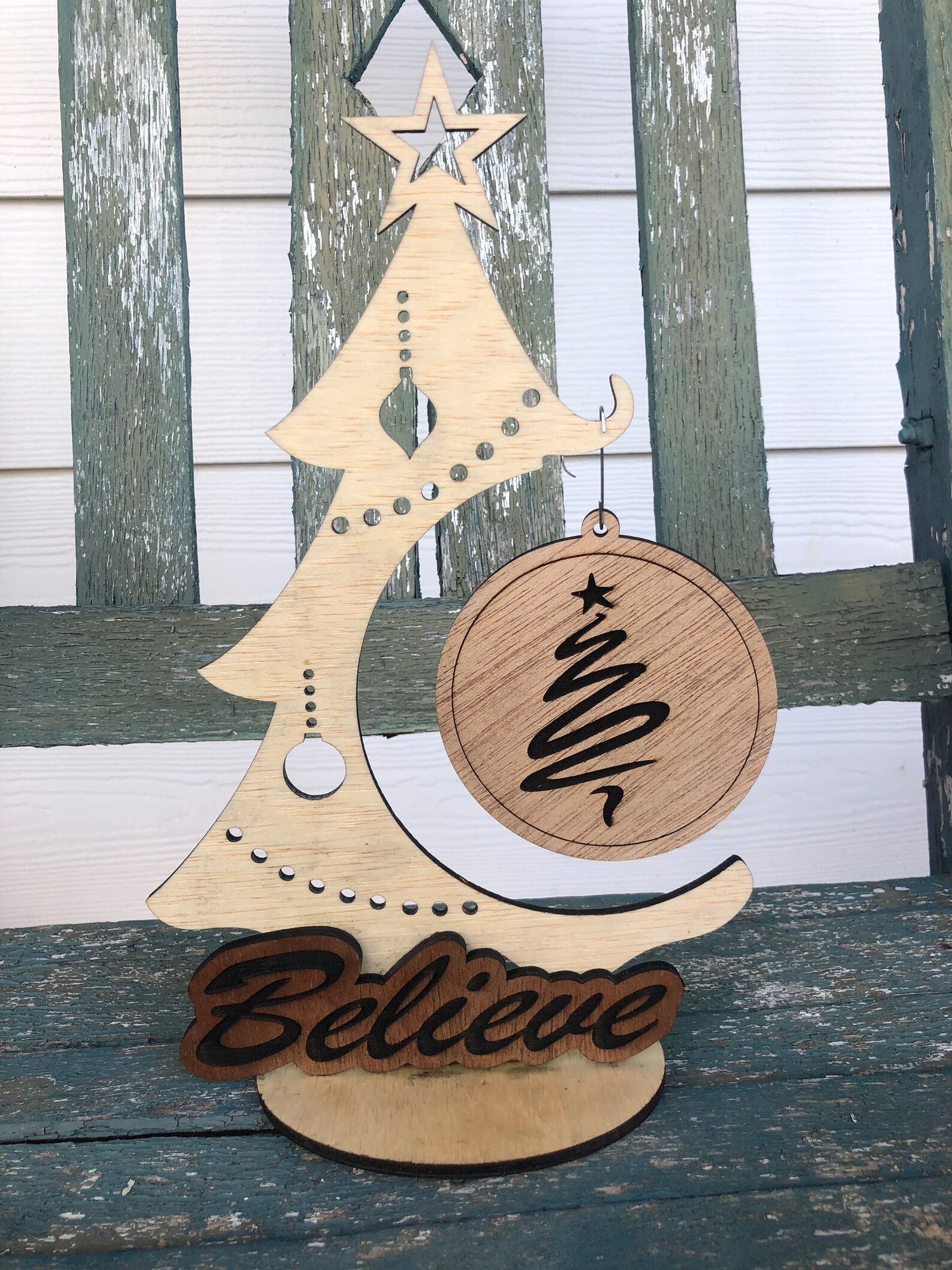 Christmas Ornament, Wooden Laser Cut, Twirly Christmas Tree With Star ...