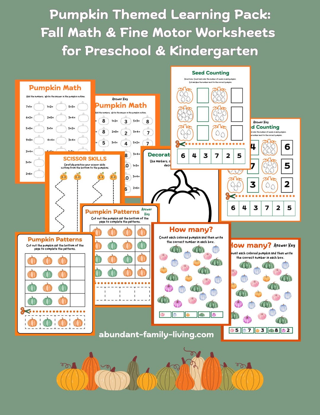 Pumpkin Themed Learning Pack, Fall Math and Fine Motor Worksheets for ...