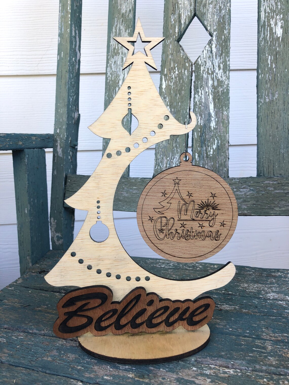 Christmas Ornament, Merry Christmas With Tree and Stars, Wooden ...