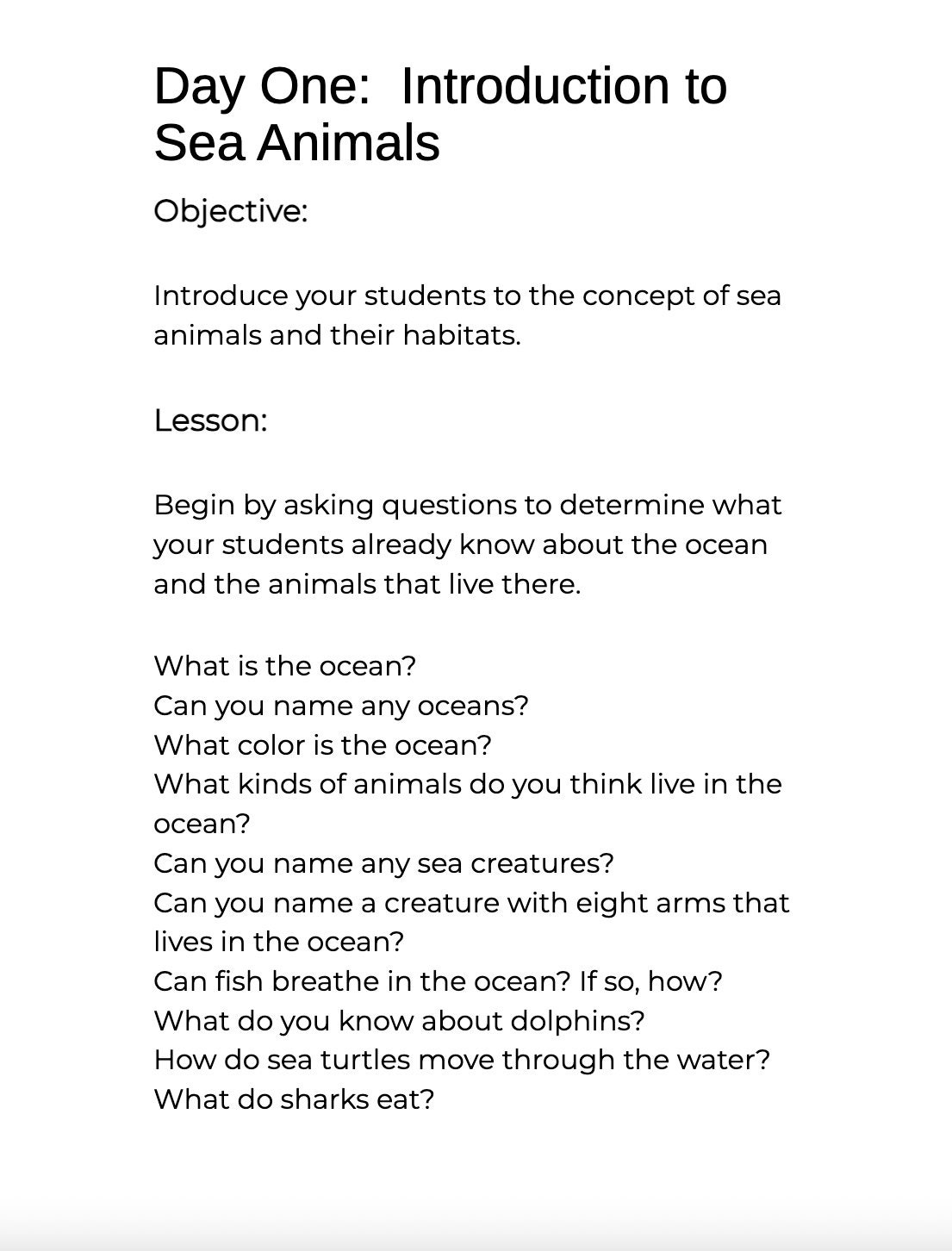 Sea Animals: A Week-long Lesson Plan for Teachers and Homeschool ...