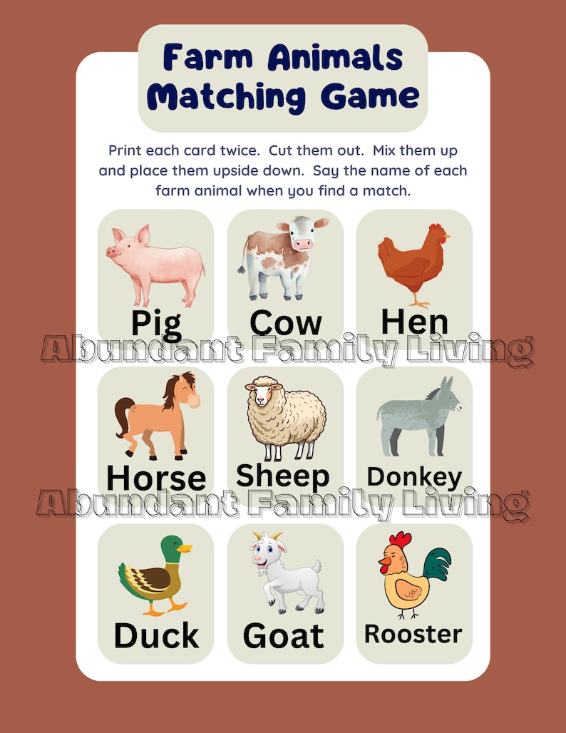Farm Animals Matching Game, Early Childhood Education, Educational ...