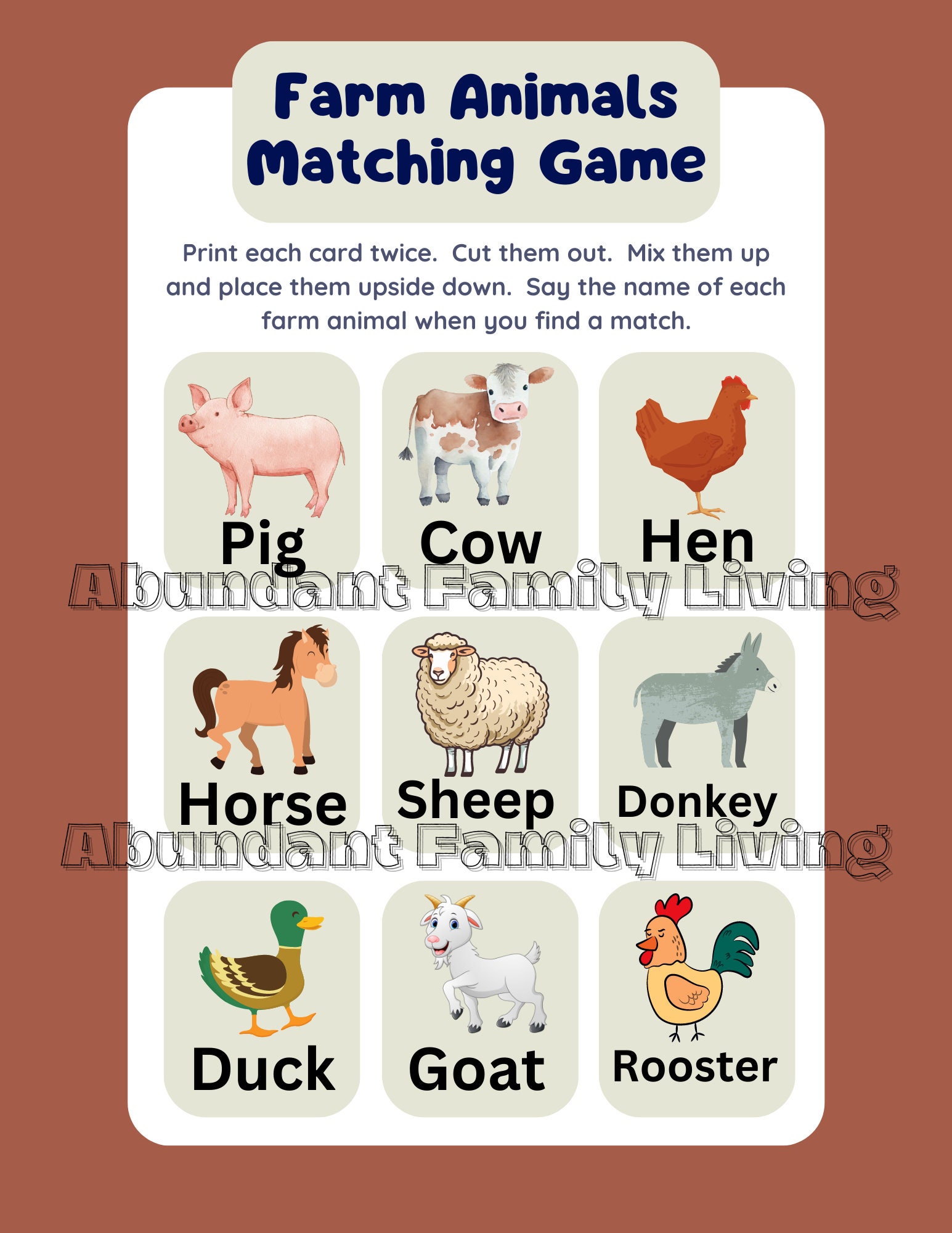 Farm Animals Matching Game, Homeschool Activity (PDF Pattern) - Etsy