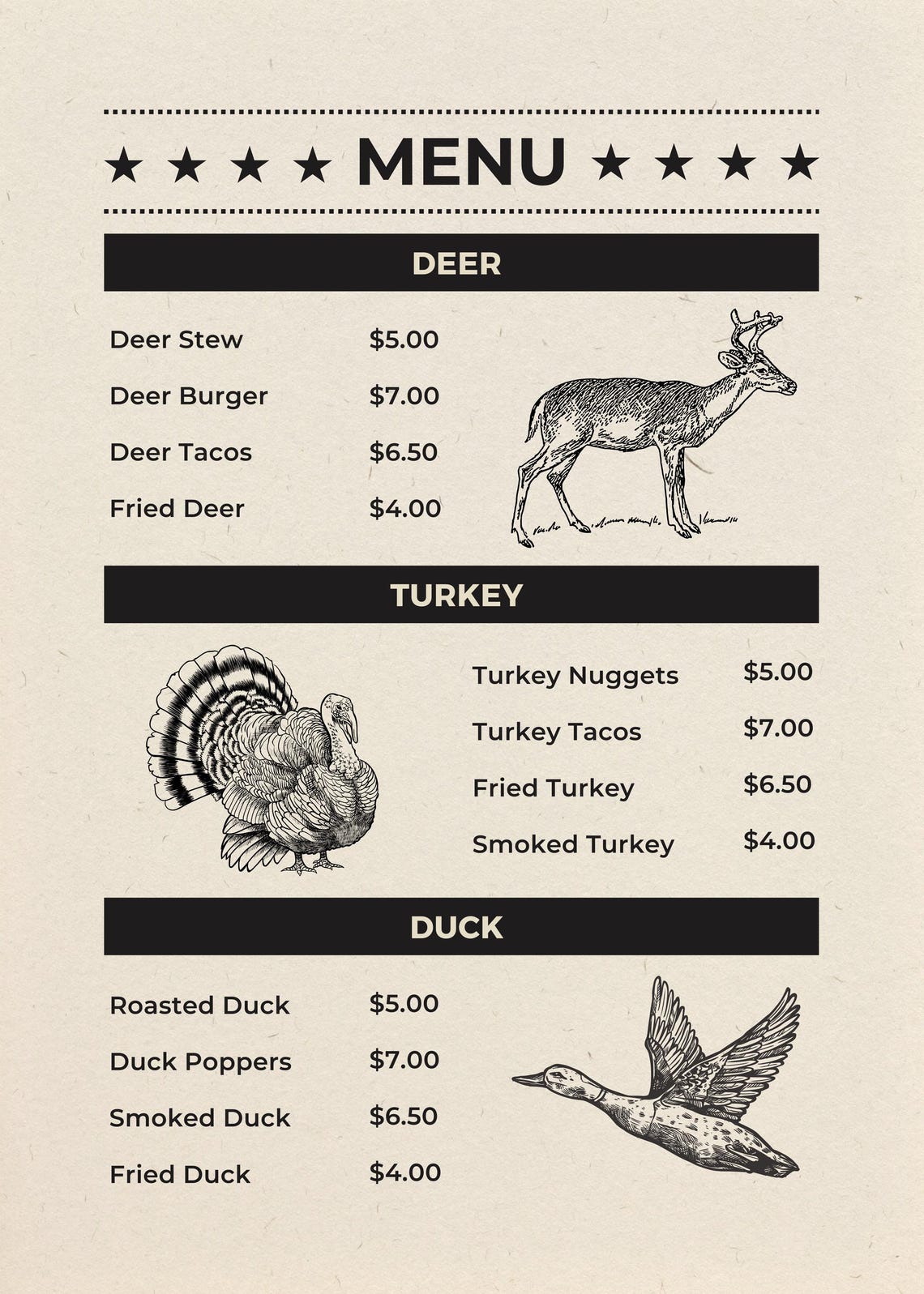 Wild Game Menu Printable, Hunter Menu Digital Art, Rustic Dinner Menu ...