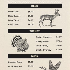 Wild Game Menu Printable, Hunter Menu Digital Art, Rustic Dinner Menu ...