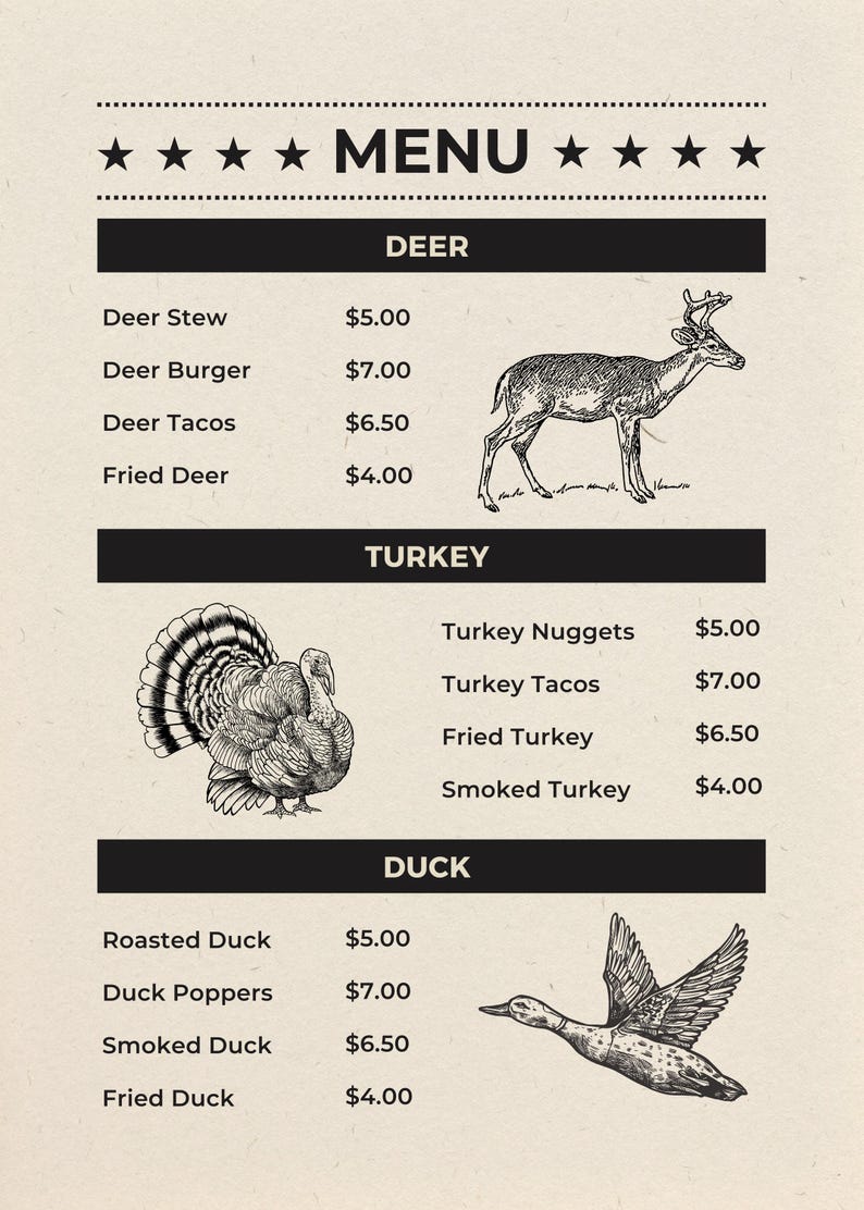 Wild Game Menu Printable, Hunter Menu Digital Art, Rustic Dinner Menu ...