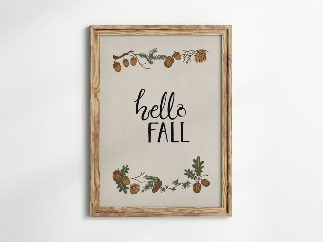 Hello Fall Wall Art, Woodland Decor, Fall Acorn Print, Autumn Digital ...