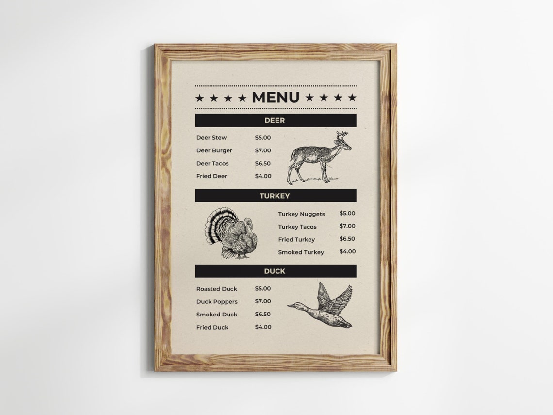 Wild Game Menu Printable, Hunter Menu Digital Art, Rustic Dinner Menu ...