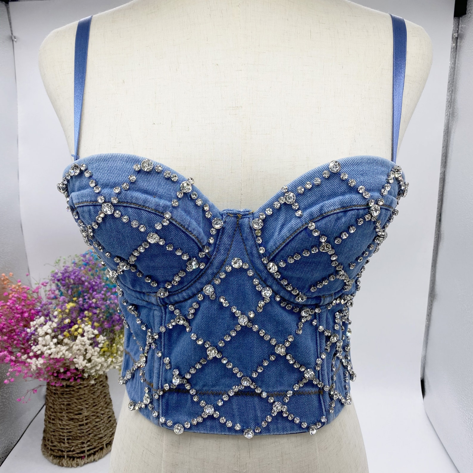 Embellished denim crystal denim bustier sprakly diamond push | Etsy