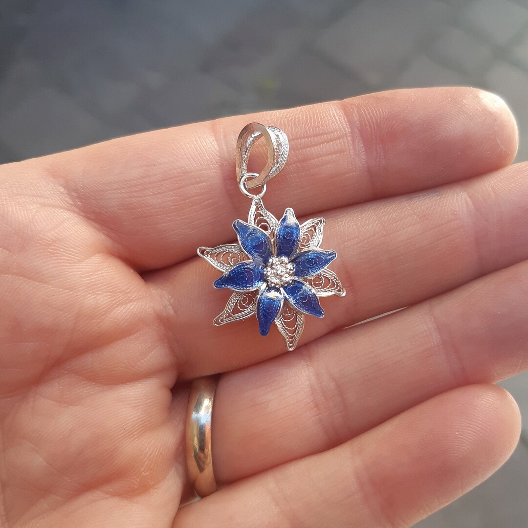 Edelweiss Blue Edelweiss Silver Filigree Pendant - Etsy UK