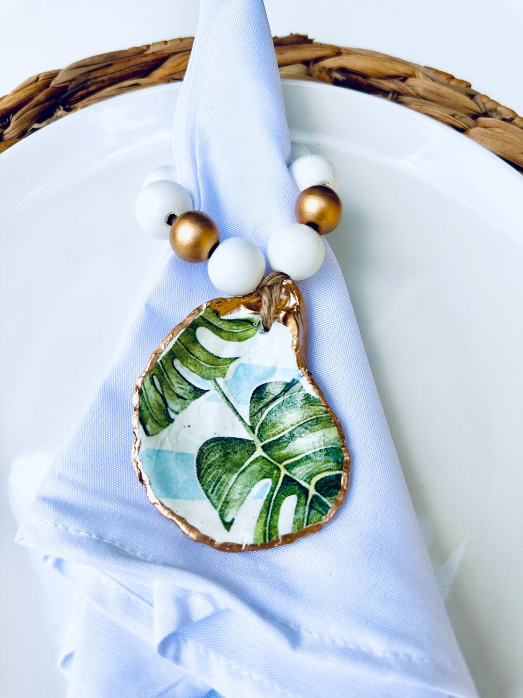Decoupage Oyster Shell Napkin Ring: Tidepool Teal Collection, Tropical ...