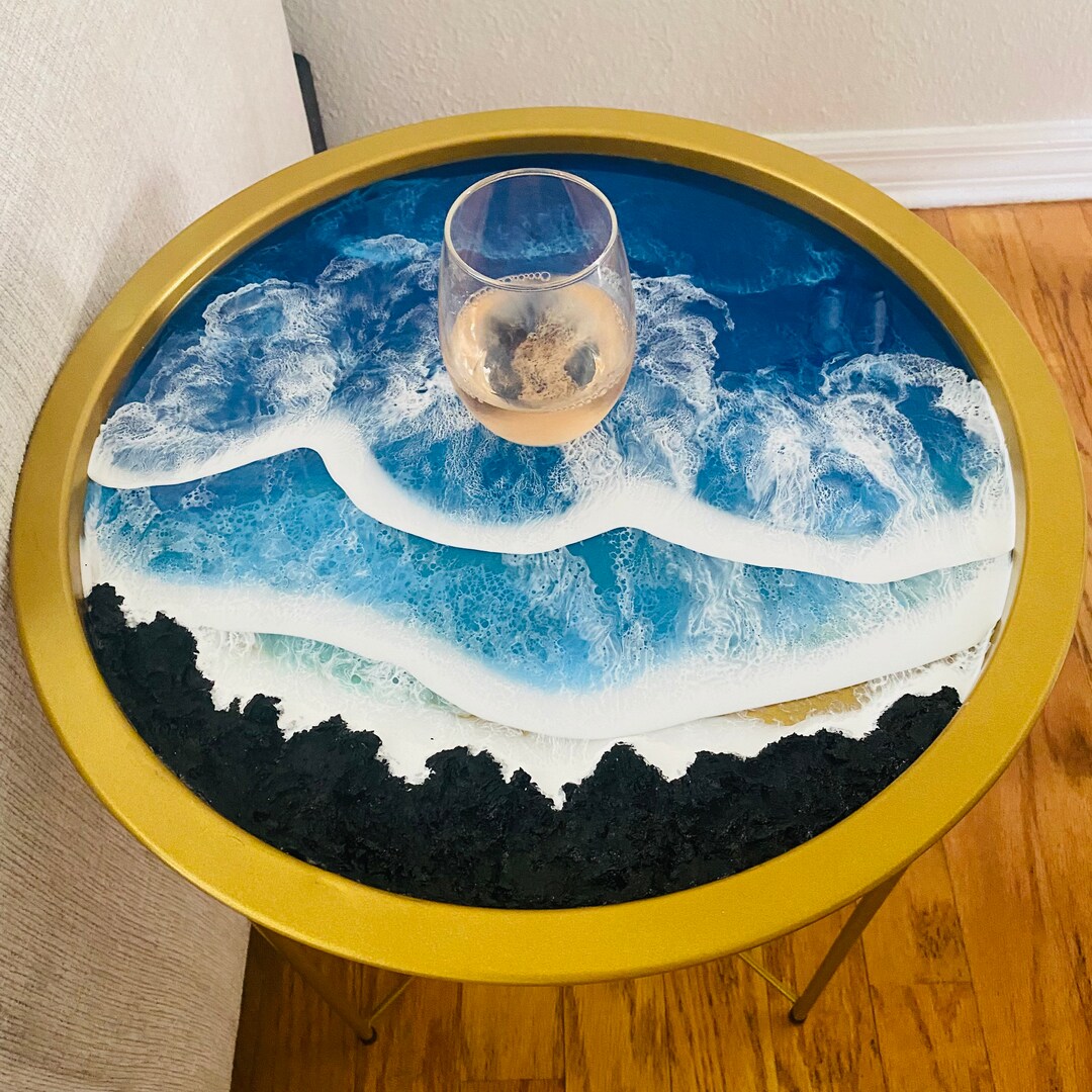 Ocean Side Table, Resin Ocean Scene on Table, Gold Side Table With ...