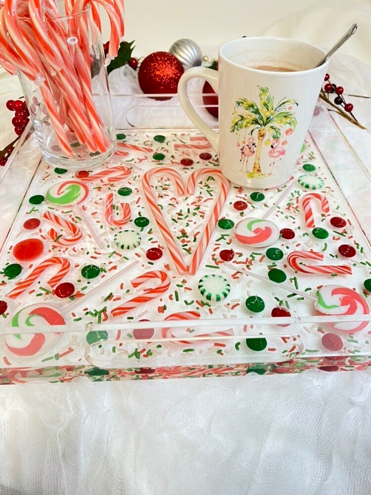 Christmas Serving Tray, Candy Cane, Holiday Acrylic Tray, Red and Green ...