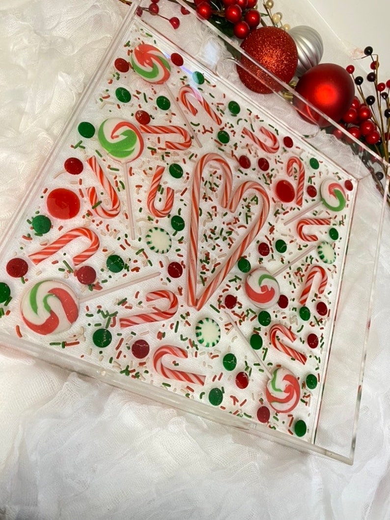 Christmas Serving Tray, Candy Cane, Holiday Acrylic Tray, Red and Green ...