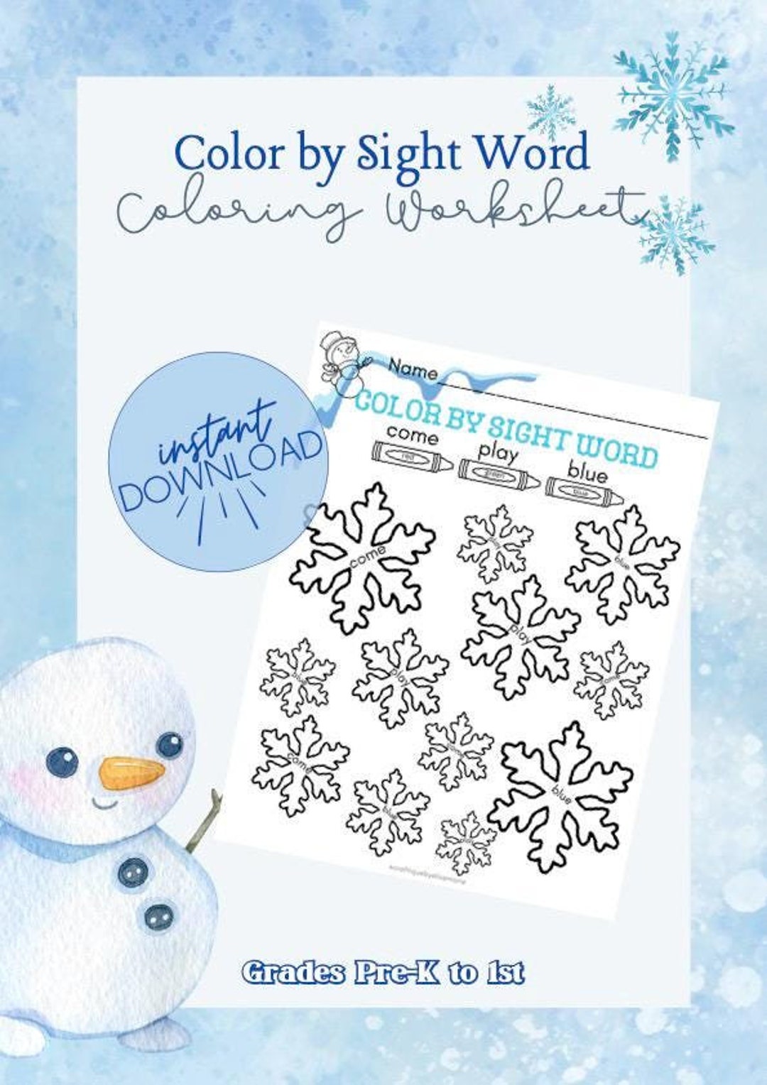 Winter Sight Word Worksheet: Snowflake Color Activity (digital Download ...