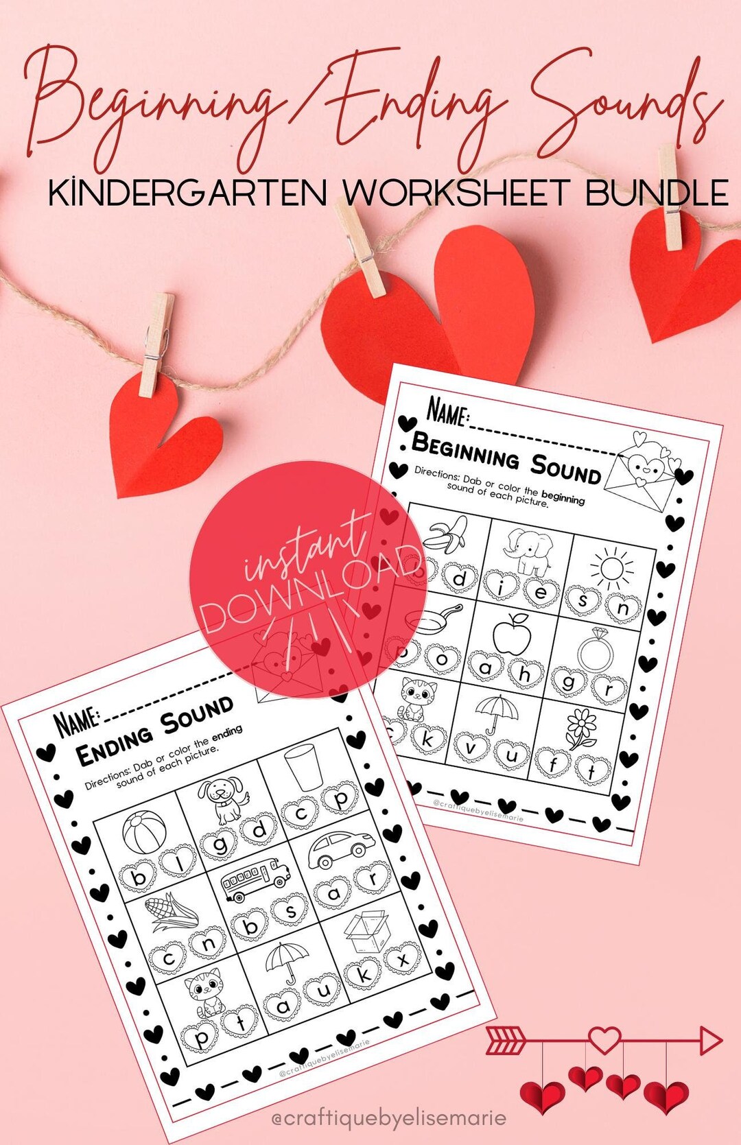 Phonics Kindergarten Worksheet Bundle, Valentines Kindergarten ...