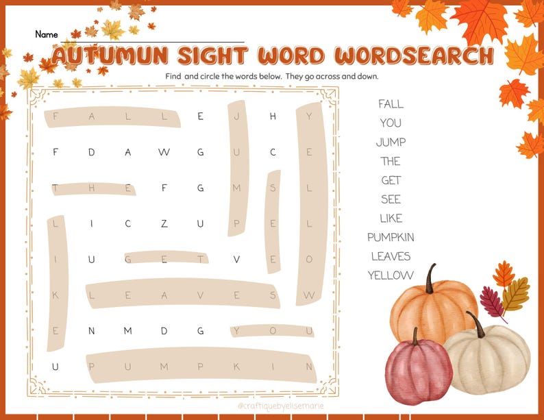 Fall Sight Word Search: Kindergarten Worksheet (digital Download) - Etsy