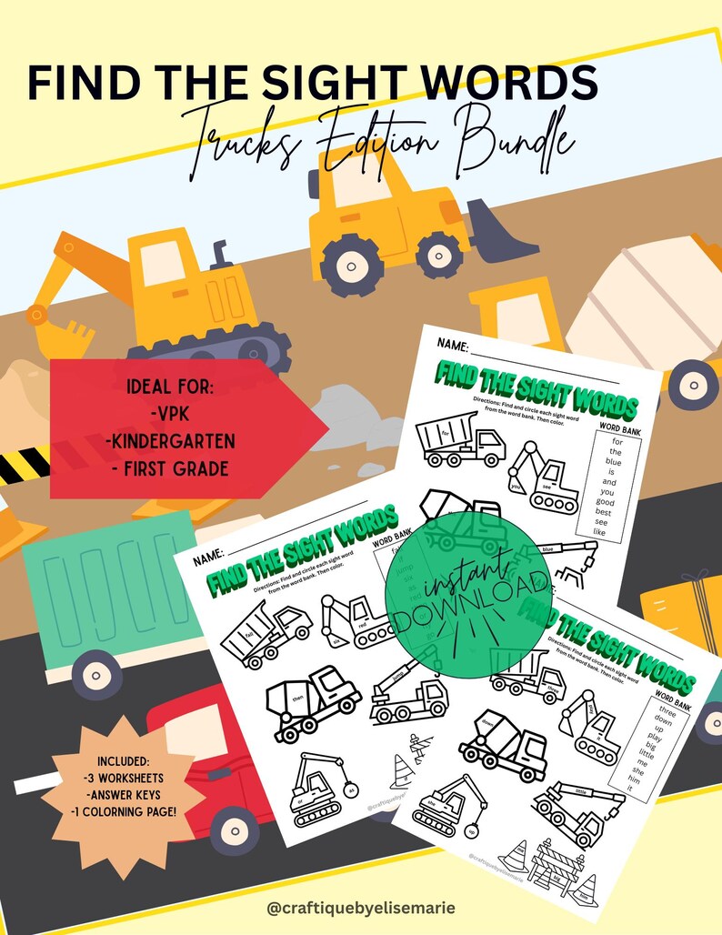 Trucks Sight Words Worksheet Bundle, Kindergarten Printables - Etsy