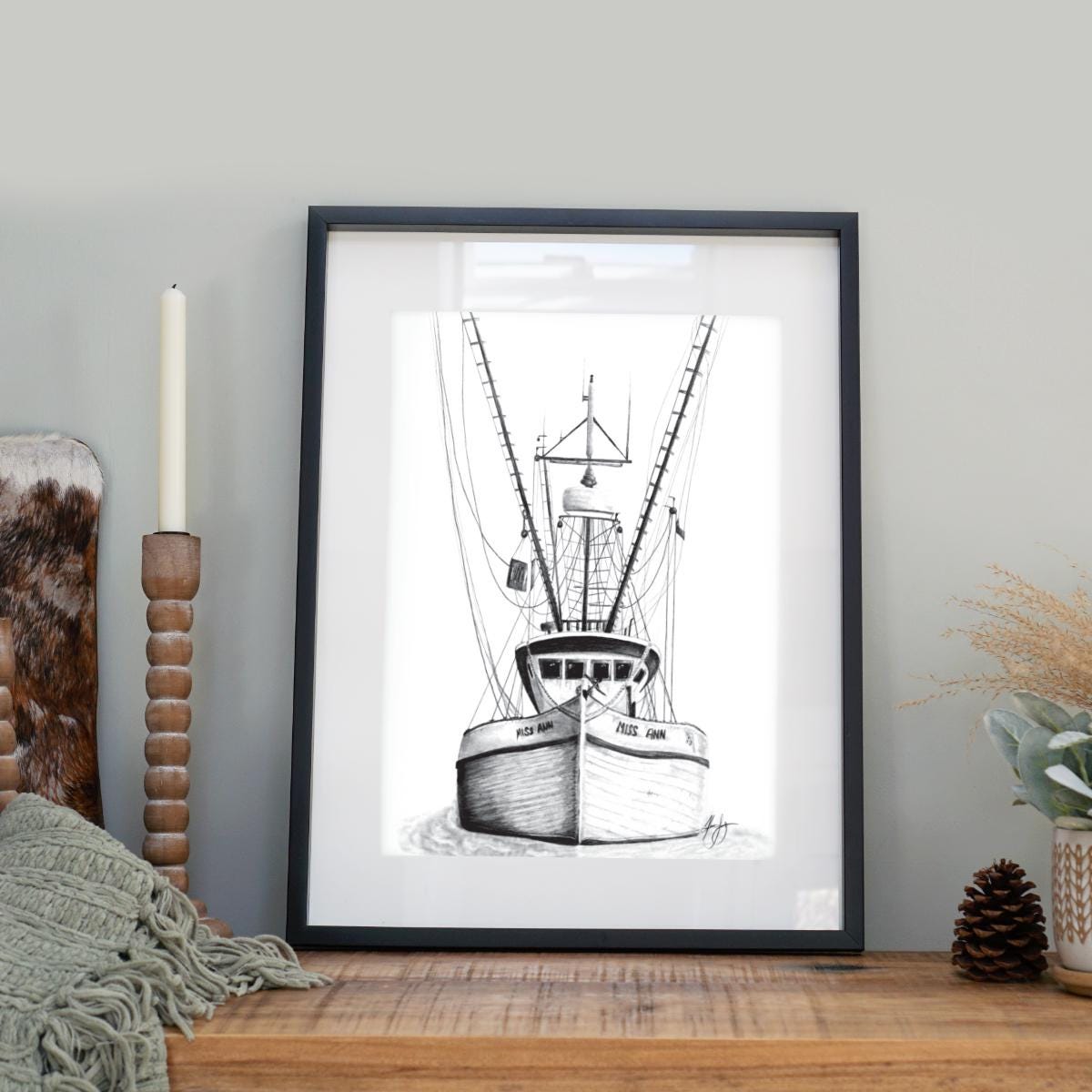 Shrimp Boat Fine Art Print, Trawler, Hand Drawn With Graphite Pencil ...