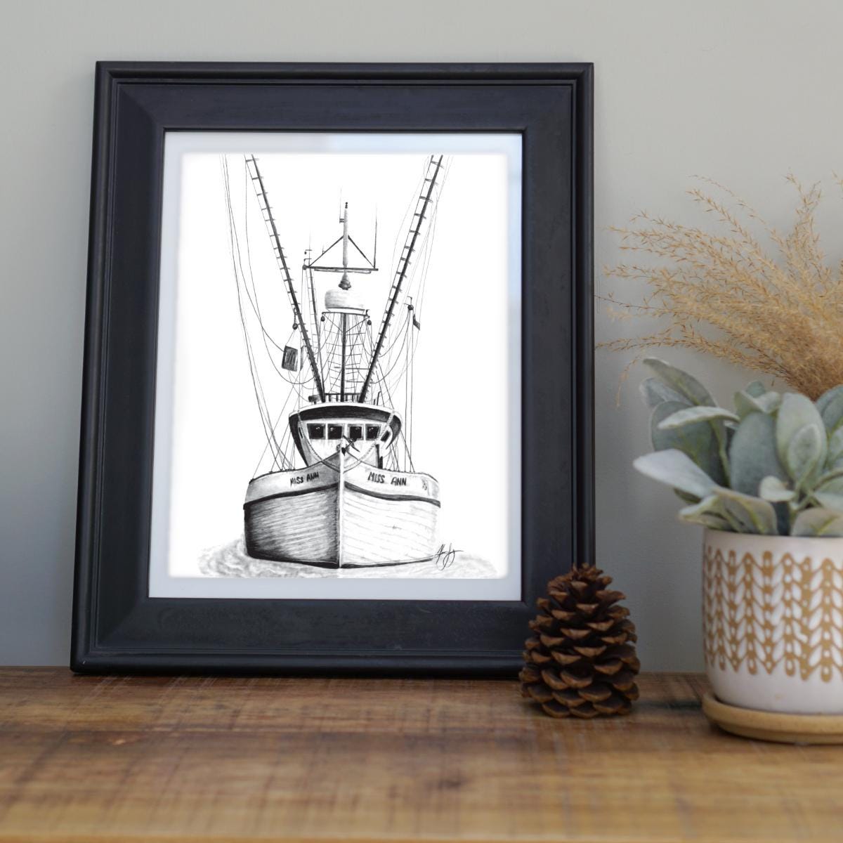 Shrimp Boat Fine Art Print, Trawler, Hand Drawn With Graphite Pencil ...