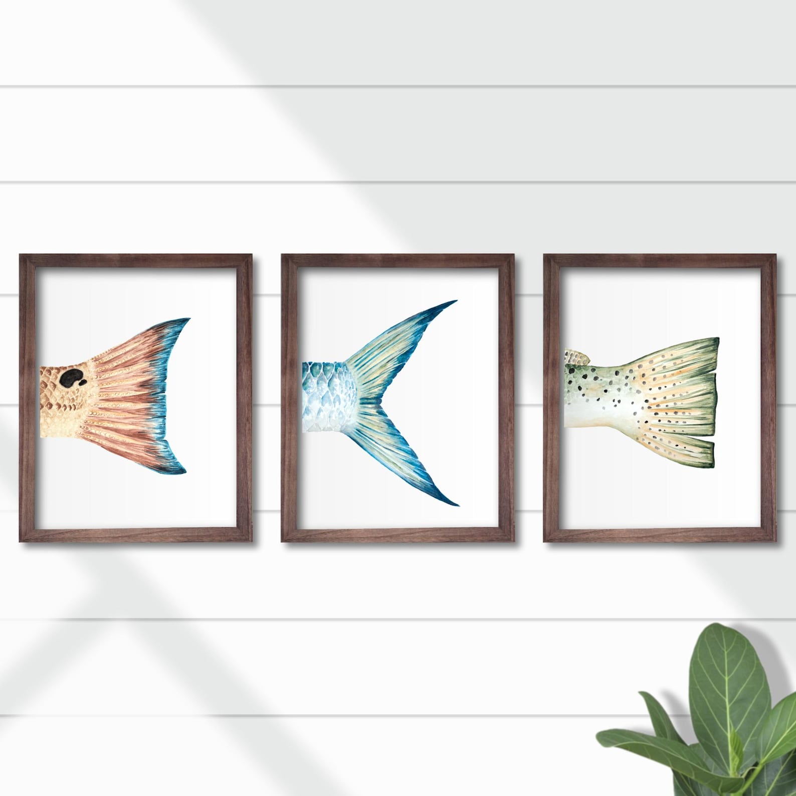 Watercolor Redfish, Tarpon, Speckled Sea Trout Fish Tails Trio, Inshore ...