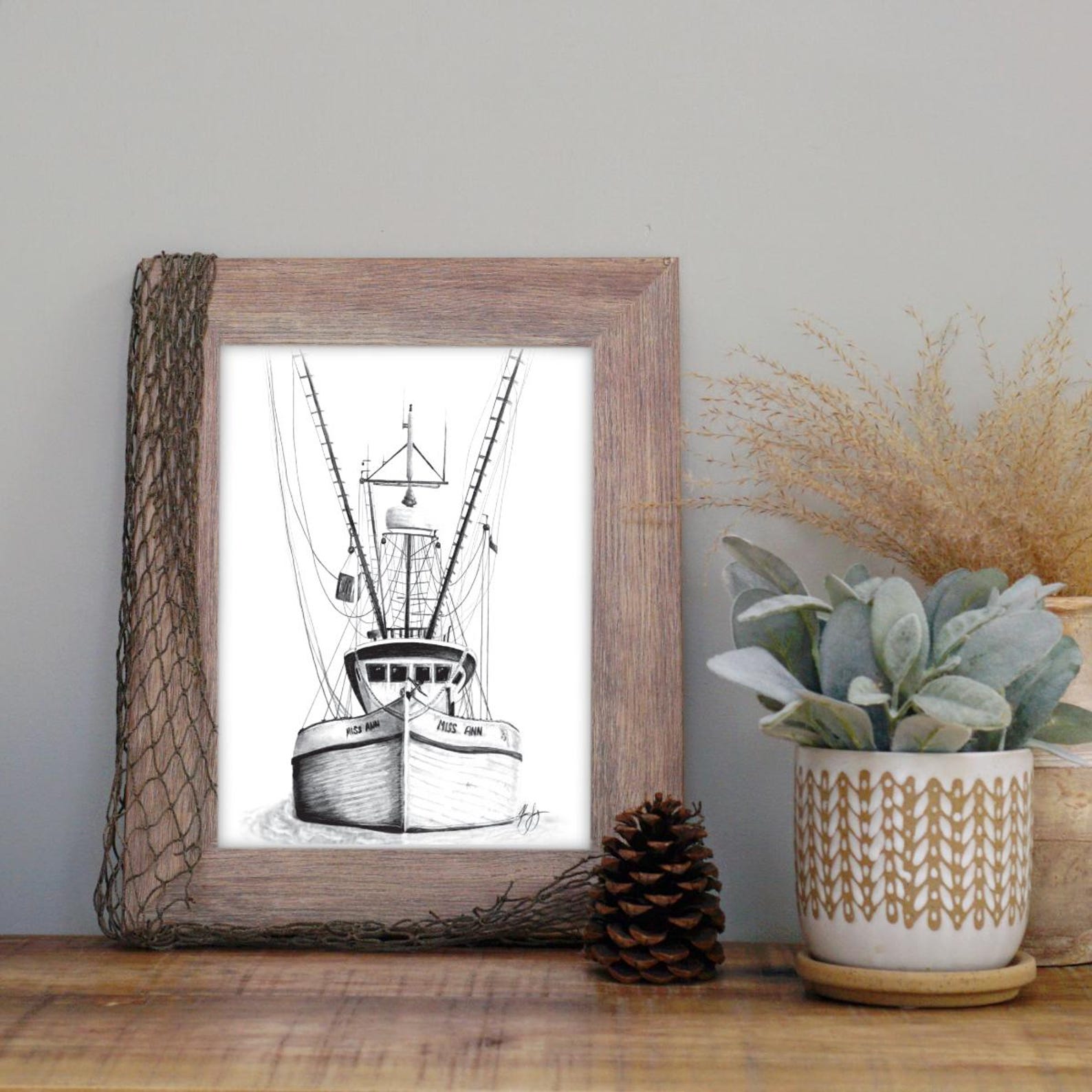 Shrimp Boat Fine Art Print, Trawler, Hand Drawn With Graphite Pencil ...