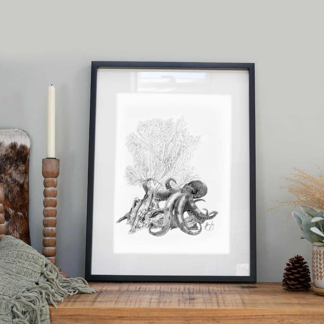 Octopus Fine Art Print, Hand Drawn With Graphite Pencil, Beach, Coastal ...