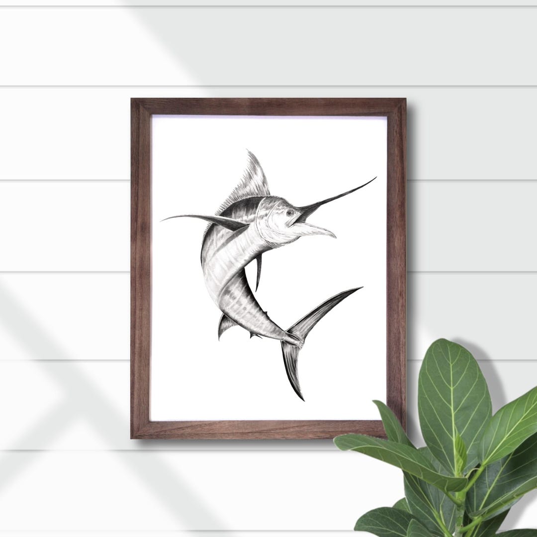 Blue Marlin Fine Art Drawing, Black and White Minimalistic Framed Wall ...