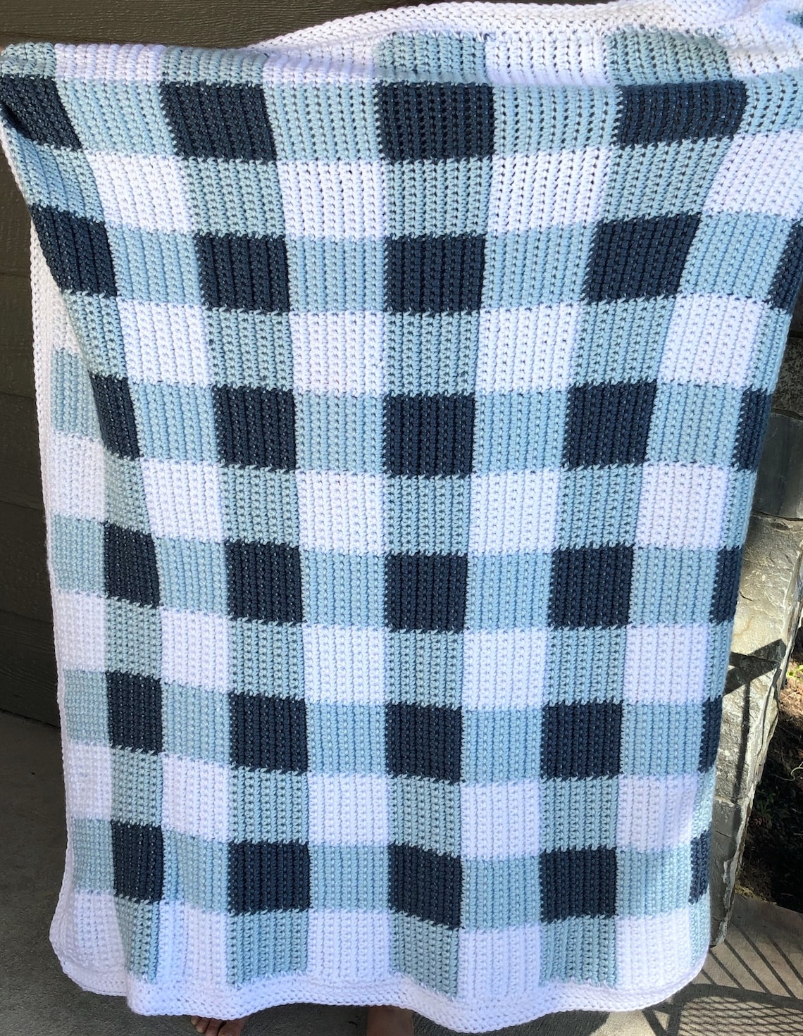Blue & White Check Crochet Blanket - Etsy
