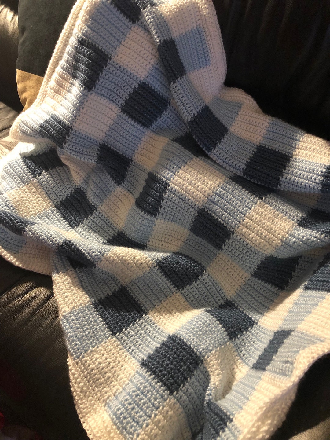 Blue & White Check Crochet Blanket - Etsy