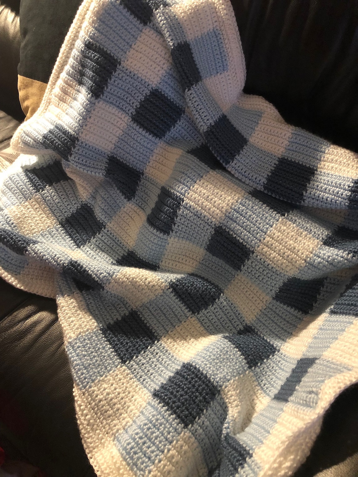 Blue & White Check Crochet Blanket - Etsy