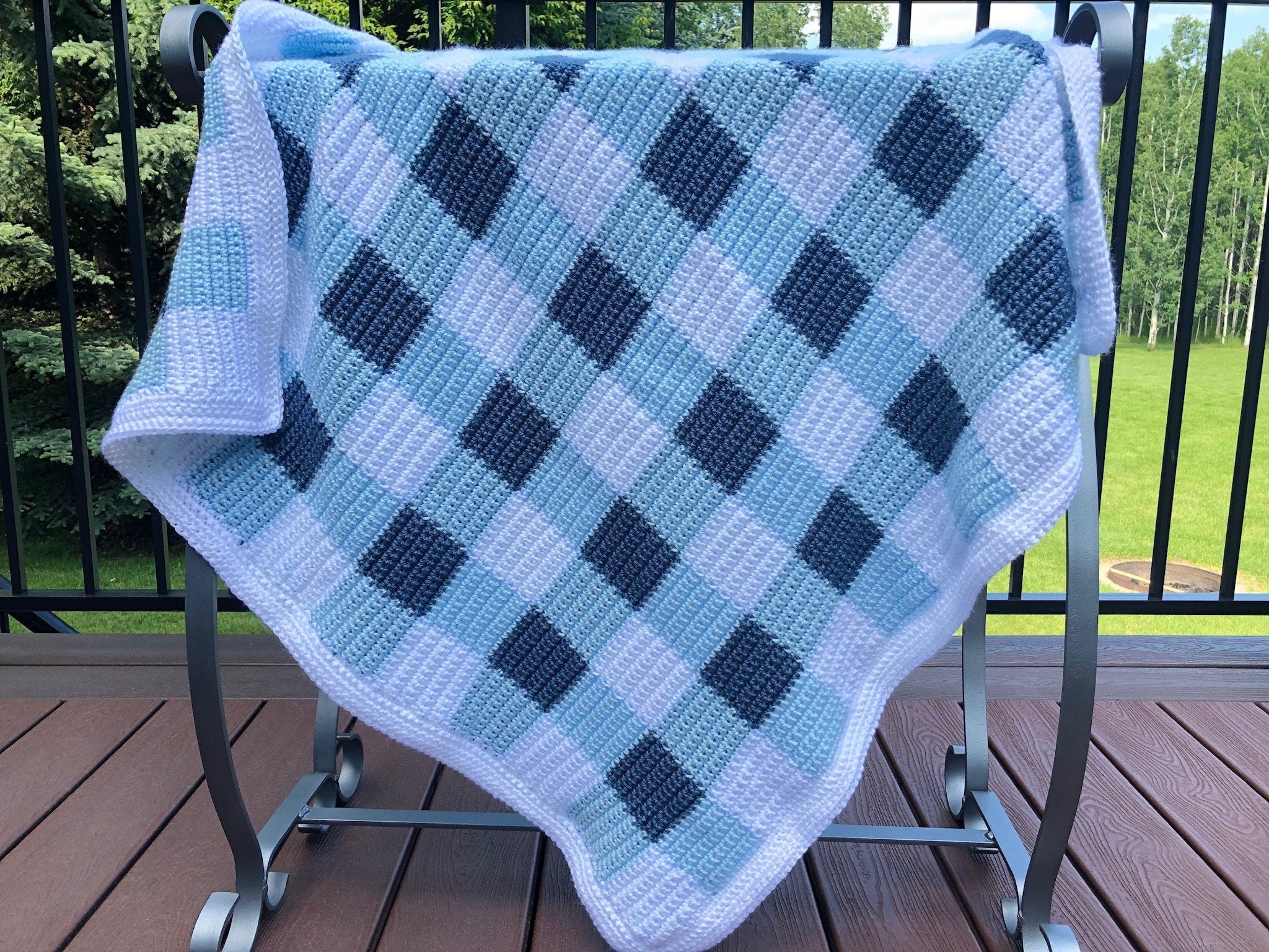 Blue & White Check Crochet Blanket - Etsy