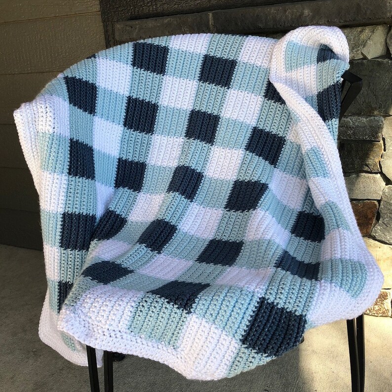 Blue & White Check Crochet Blanket - Etsy