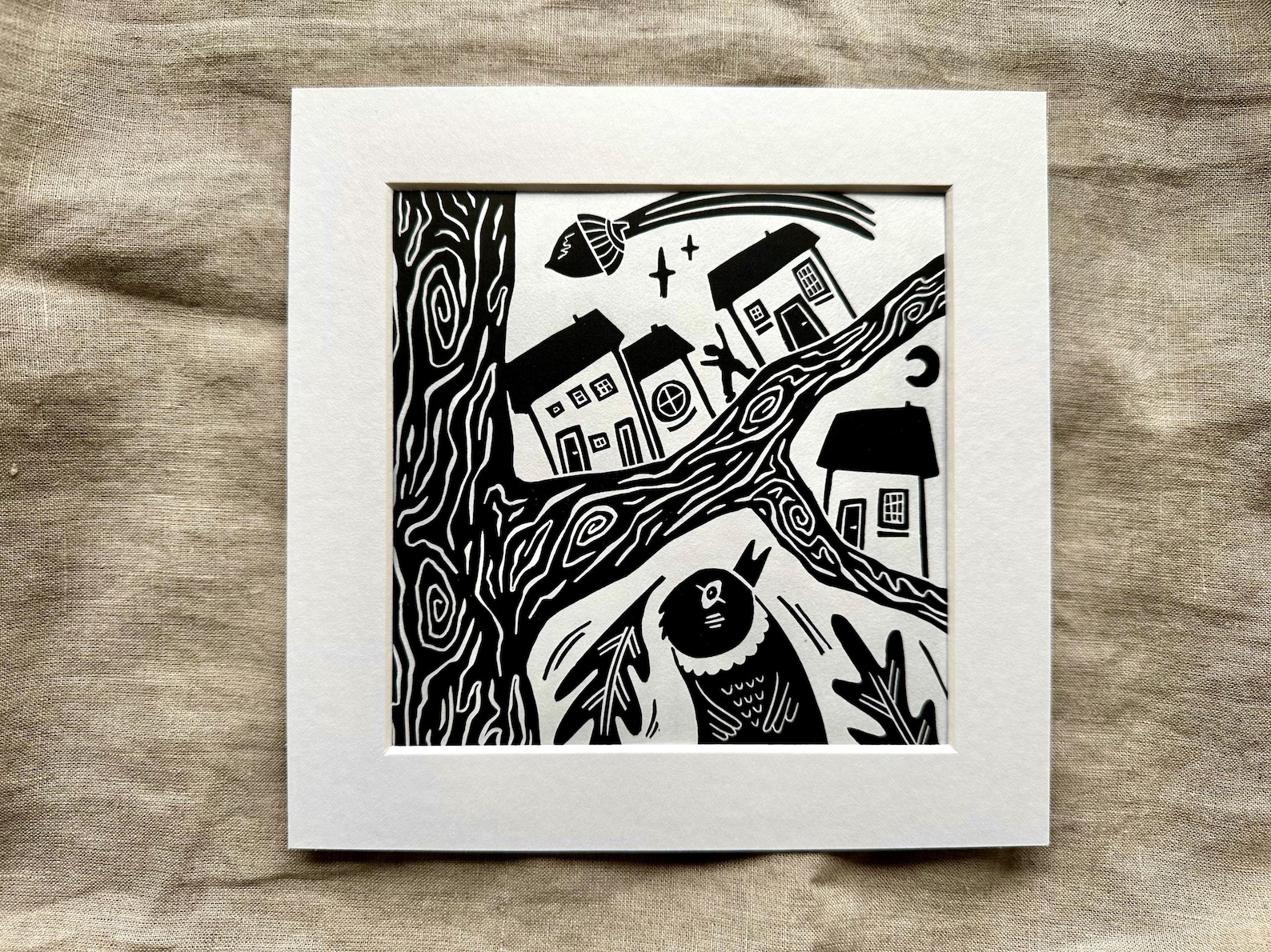 Bird Tree Village Story Folk Linocut Print Art - Etsy