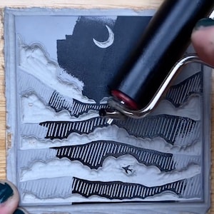 Linoprint Mini 'clouds' Original Linocut Print Block Moon Landscape ...