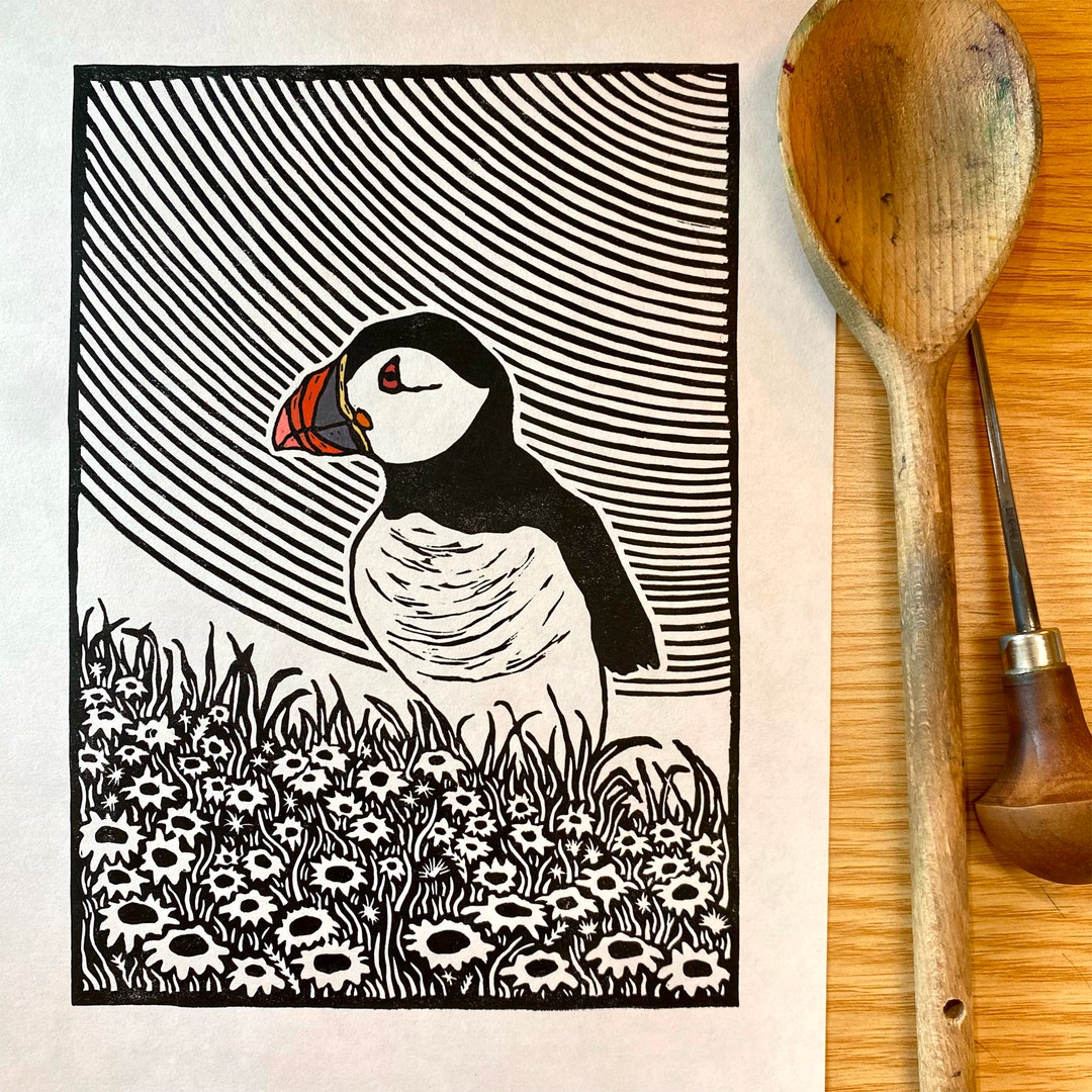 Linocut Print 'lundy' Original Lino Print Puffin Bird Island Sea Nature ...