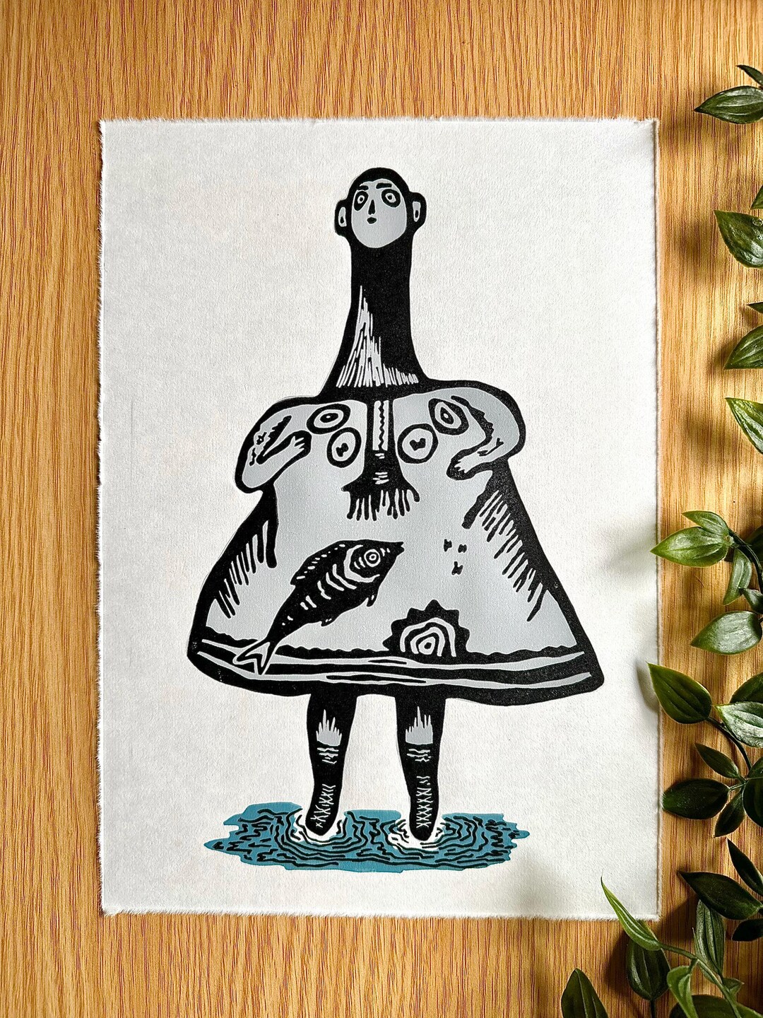 Nature Goddess Folklore Linocut Print 'bones of Coral, Eyes of Pearl ...