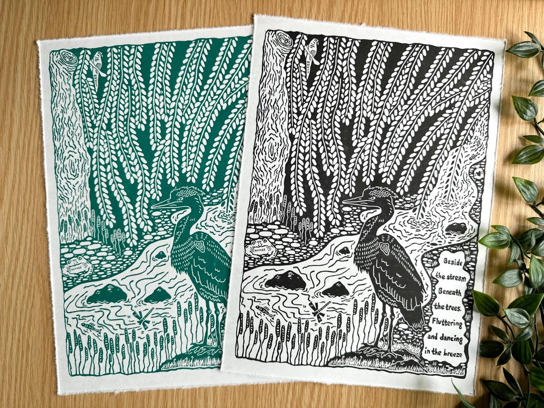 Linocut Print 'beside the Stream' Original Linoprint Heron River Water ...