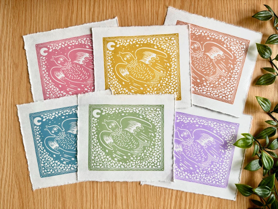 Bird Flying Linocut Print 'awoken' Pastel Folklore Nature Mini Art - Etsy