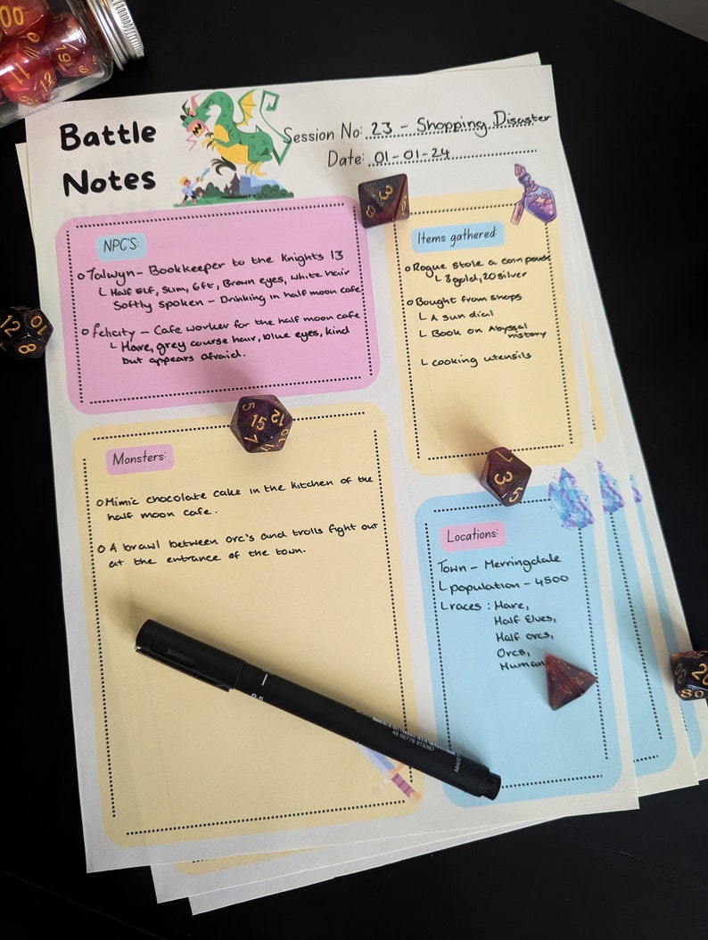 Printable Battle Session Notes in Portrait - DND / Dungeons / TTRPG - Etsy