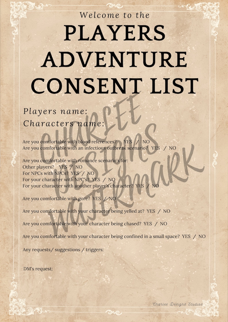 Printable Dungeon Players Consent List - Session 0/1 - RPG/ ROLEPLAY ...
