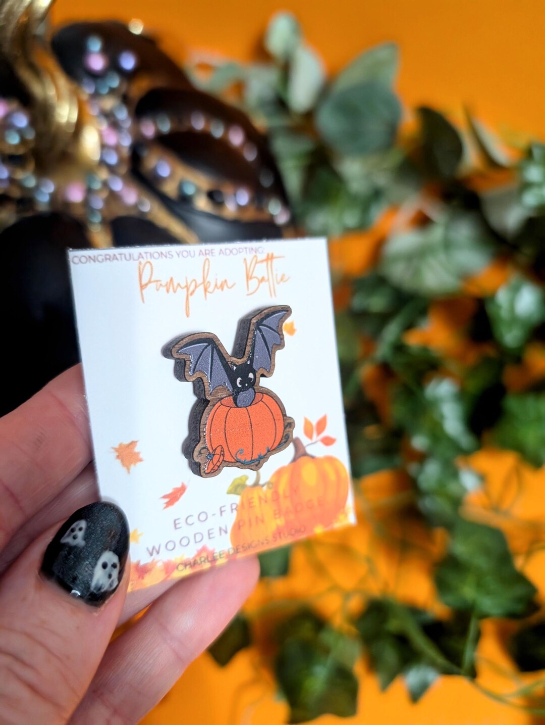 Eco-friendly Walnut Bat Pin: Kawaii Halloween Pumpkin - Etsy