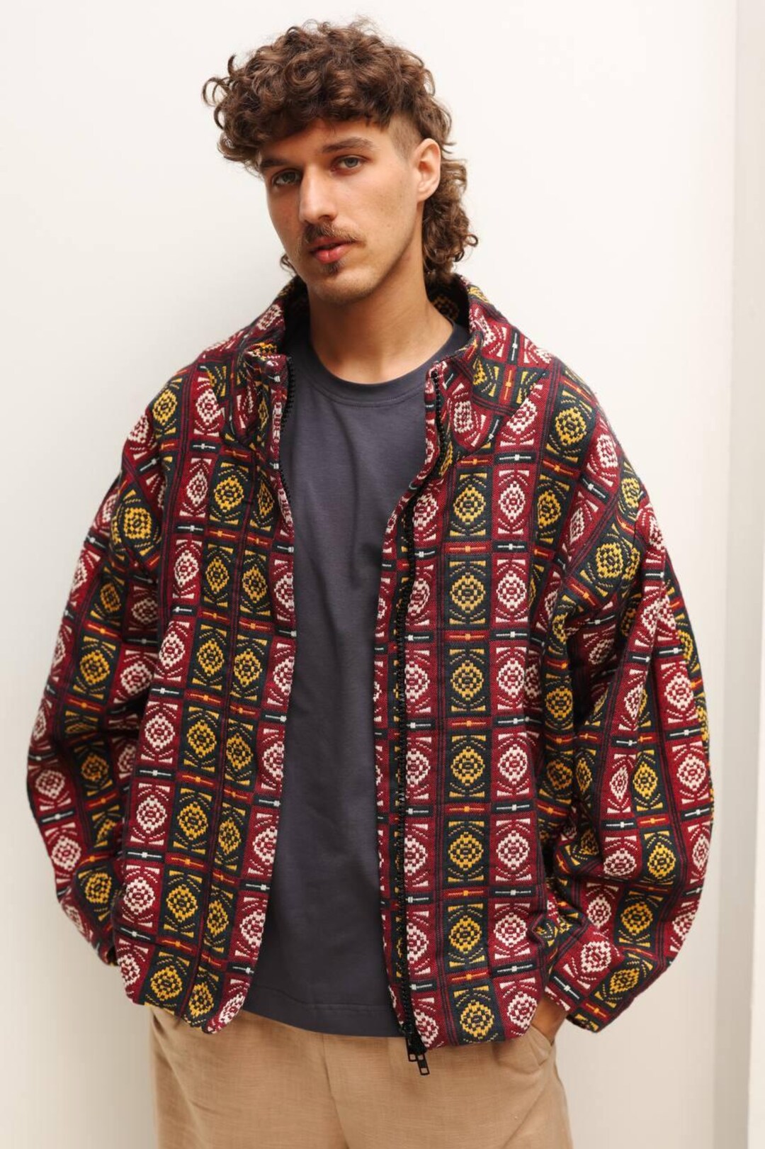 Vintage Jacquard Bomber Jacket: Burgundy Emerald Green, Balloon Sleeves ...