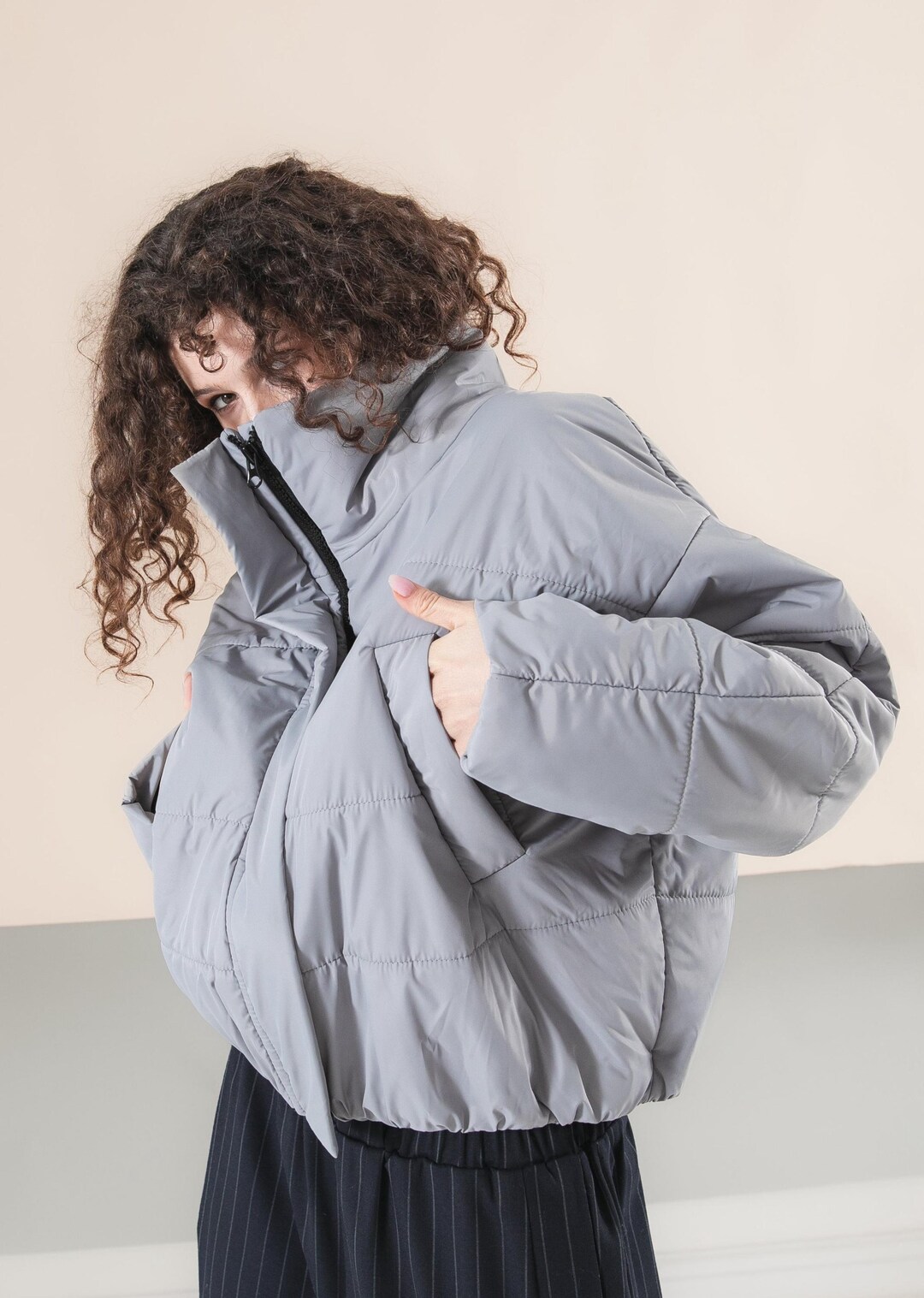 Light Grey Cropped Puffer Jacket: High Collar, Warm Insulation, Car ...