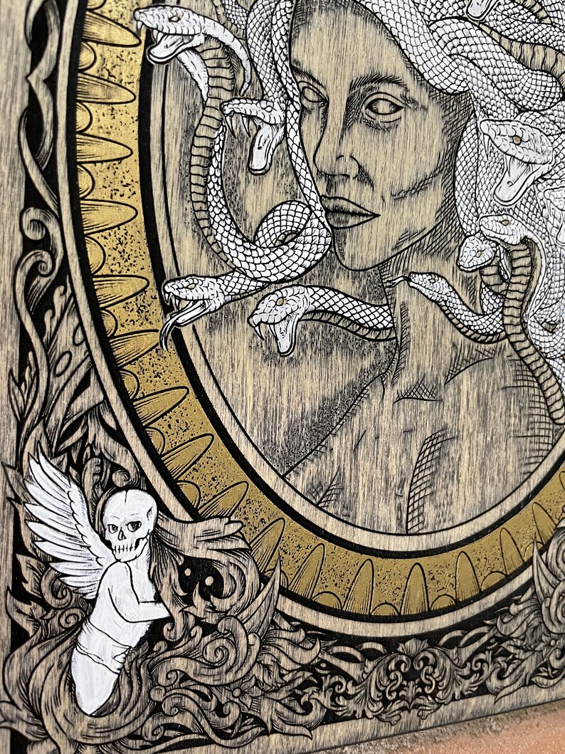 Medusa Art Hanging Plaque Sign Wall Engraved on Wood, Gothic Home Wall ...